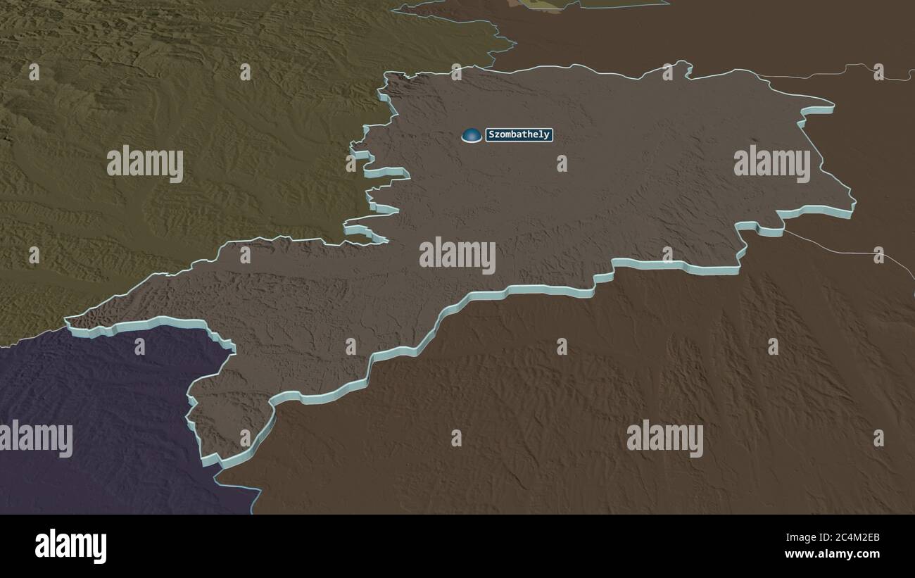 Zoom in on Vas (county of Hungary) extruded. Oblique perspective ...