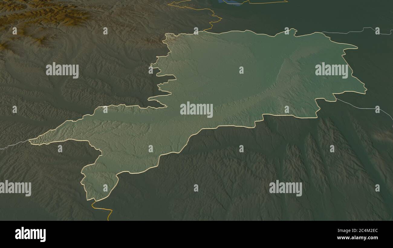 Zoom in on Vas (county of Hungary) outlined. Oblique perspective ...