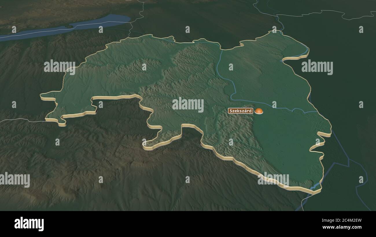 Zoom in on Tolna (county of Hungary) extruded. Oblique perspective ...