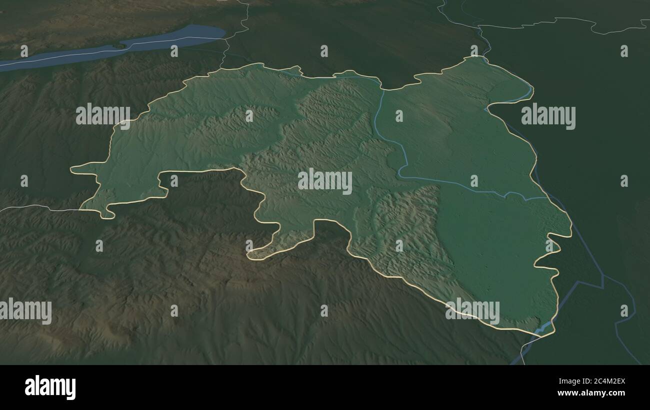 Zoom in on Tolna (county of Hungary) outlined. Oblique perspective ...
