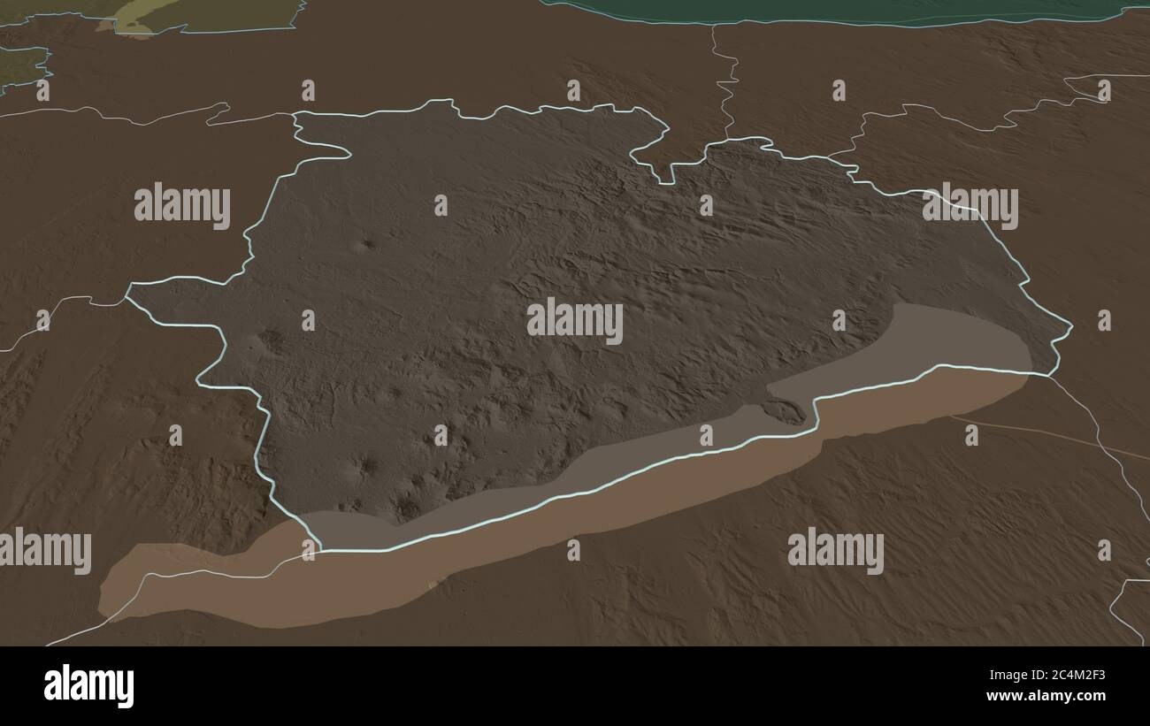 Zoom in on Veszprém (county of Hungary) outlined. Oblique perspective ...