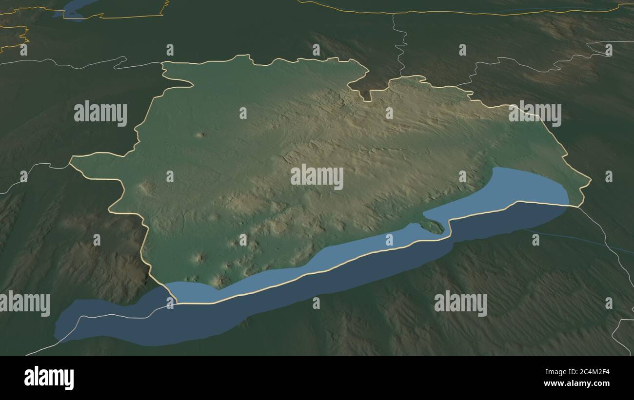 Zoom in on Veszprém (county of Hungary) outlined. Oblique perspective ...