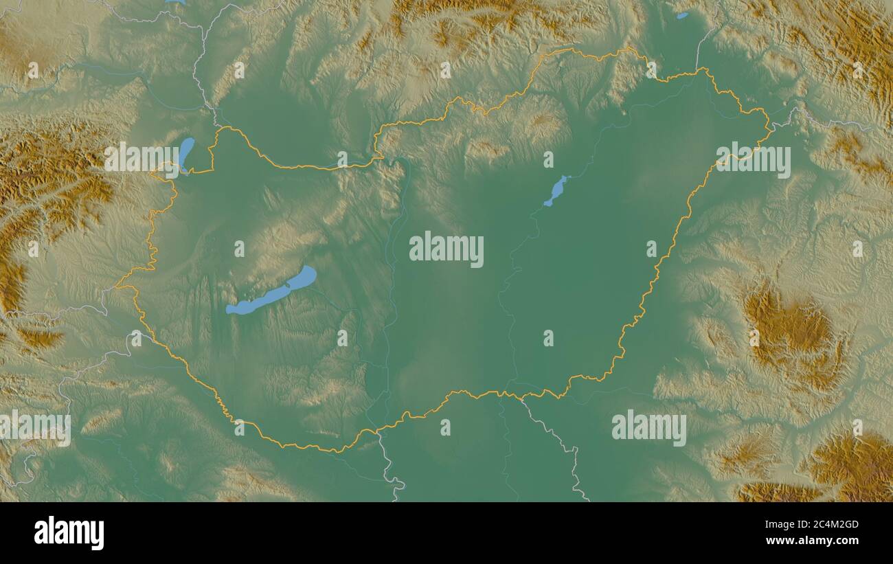 Outlined shape of the Hungary area. Topographic relief map with surface ...