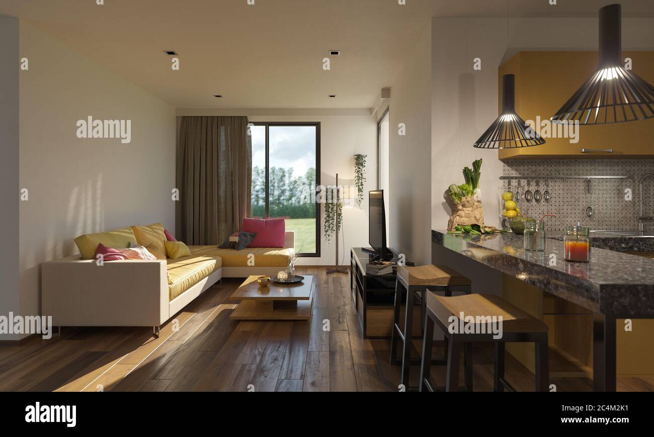 Open Concept Kitchen and Lounge Stock Photo - Alamy