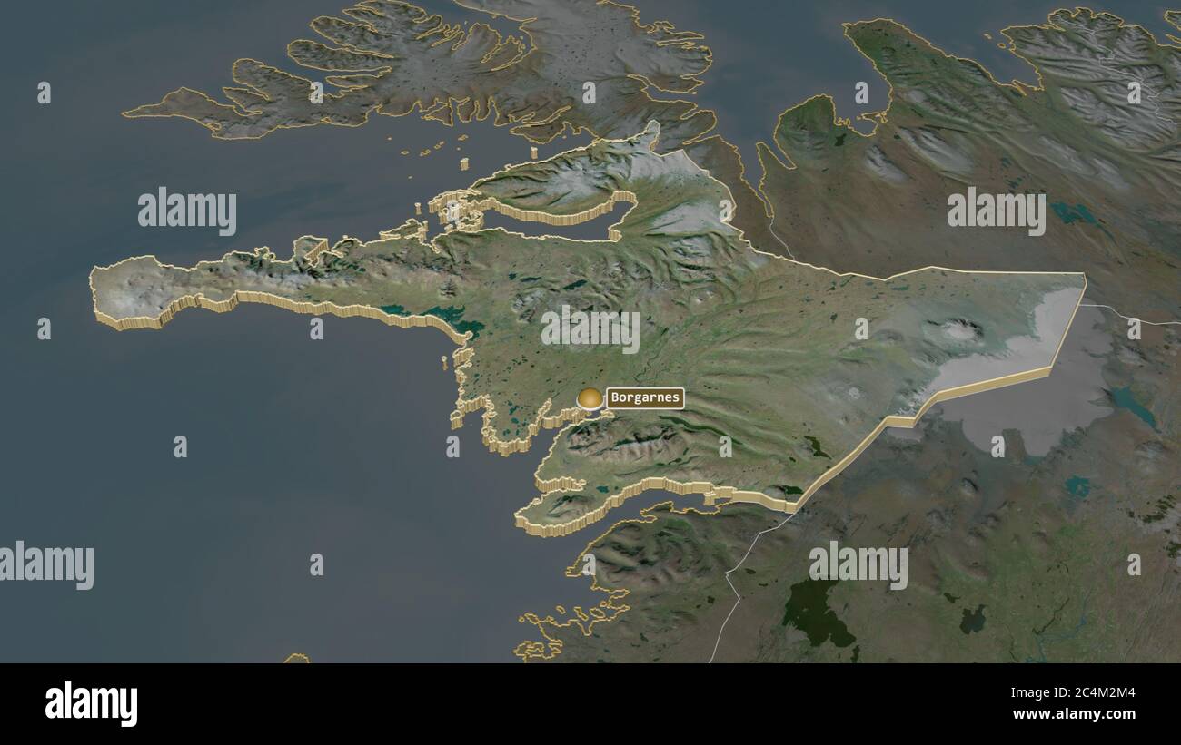 Zoom in on Vesturland (region of Iceland) extruded. Oblique perspective ...