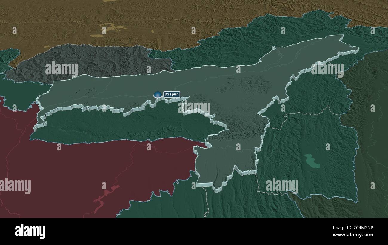 Zoom in on Assam (state of India) extruded. Oblique perspective ...