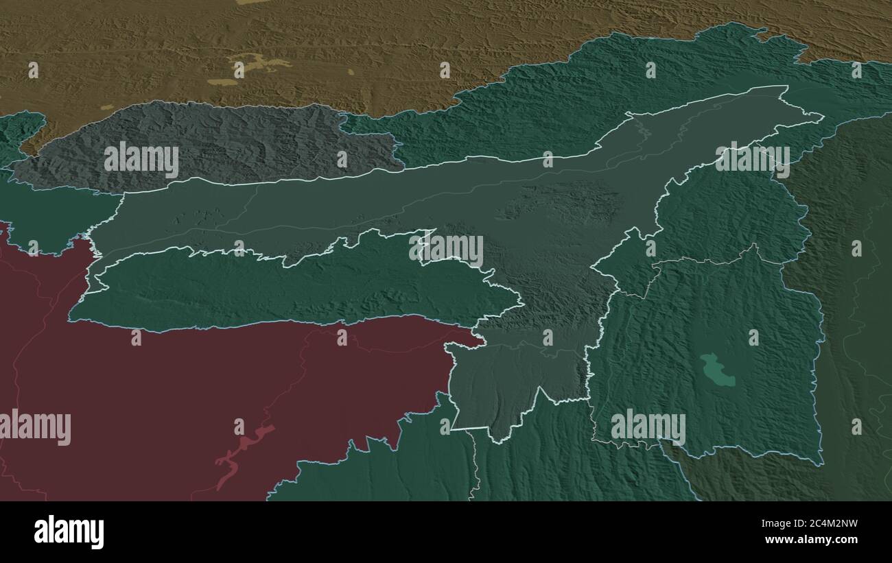 Zoom in on Assam (state of India) outlined. Oblique perspective ...