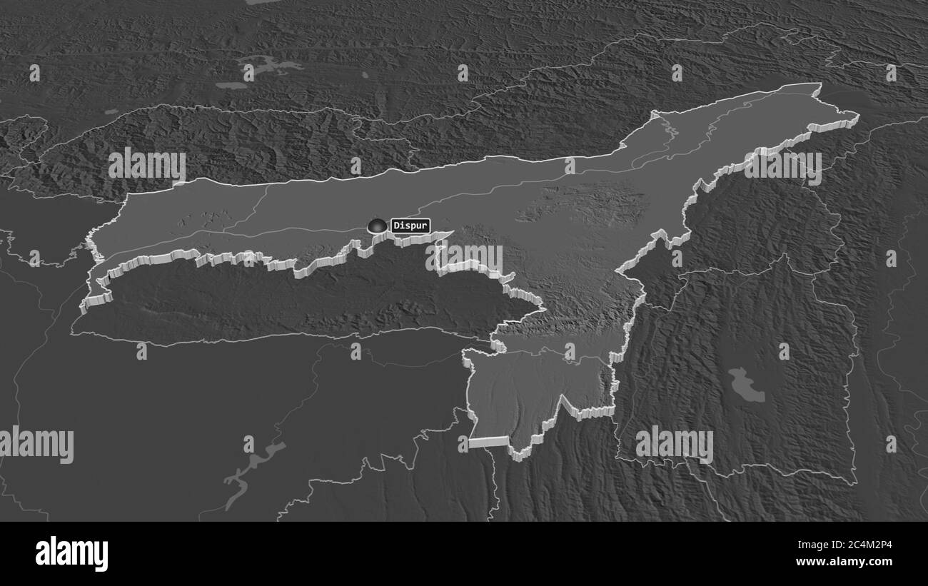 Zoom in on Assam (state of India) extruded. Oblique perspective ...