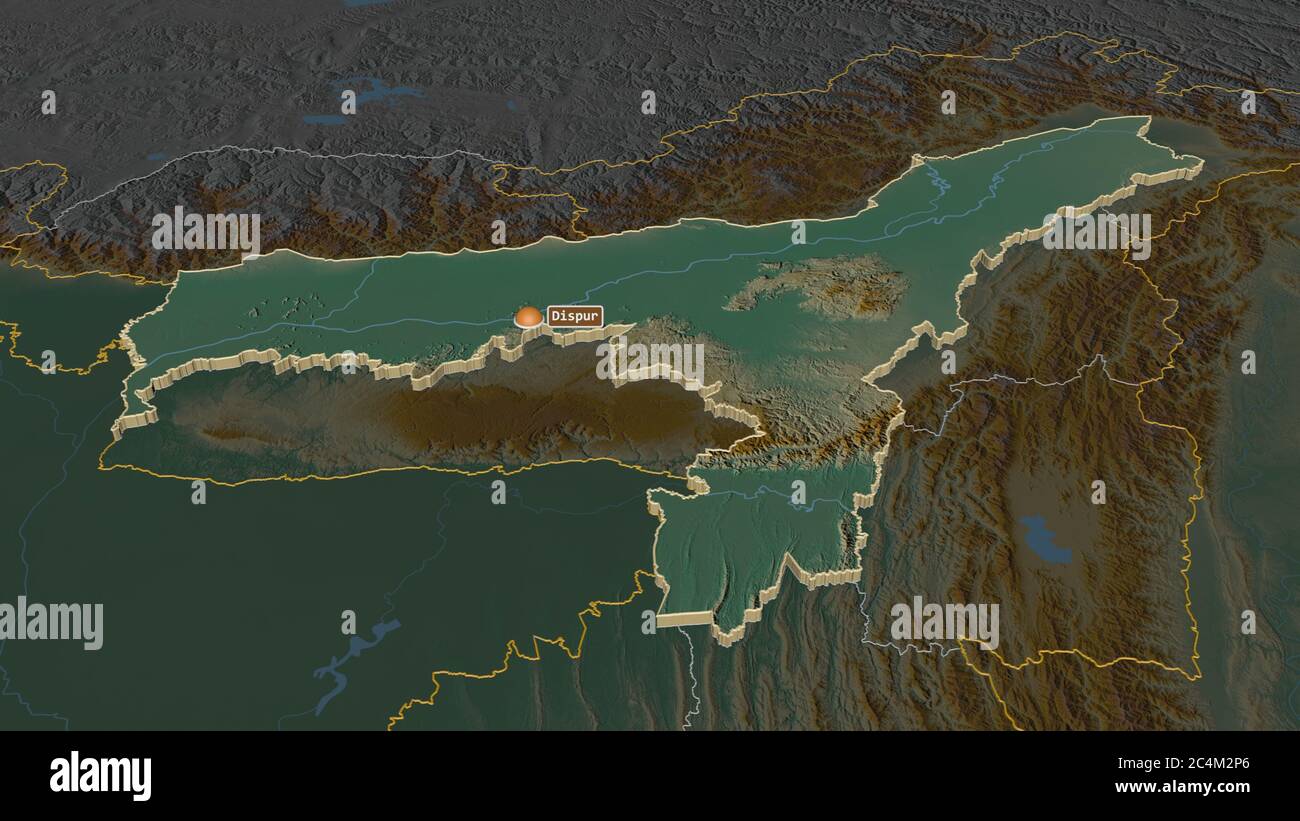 Zoom in on Assam (state of India) extruded. Oblique perspective ...