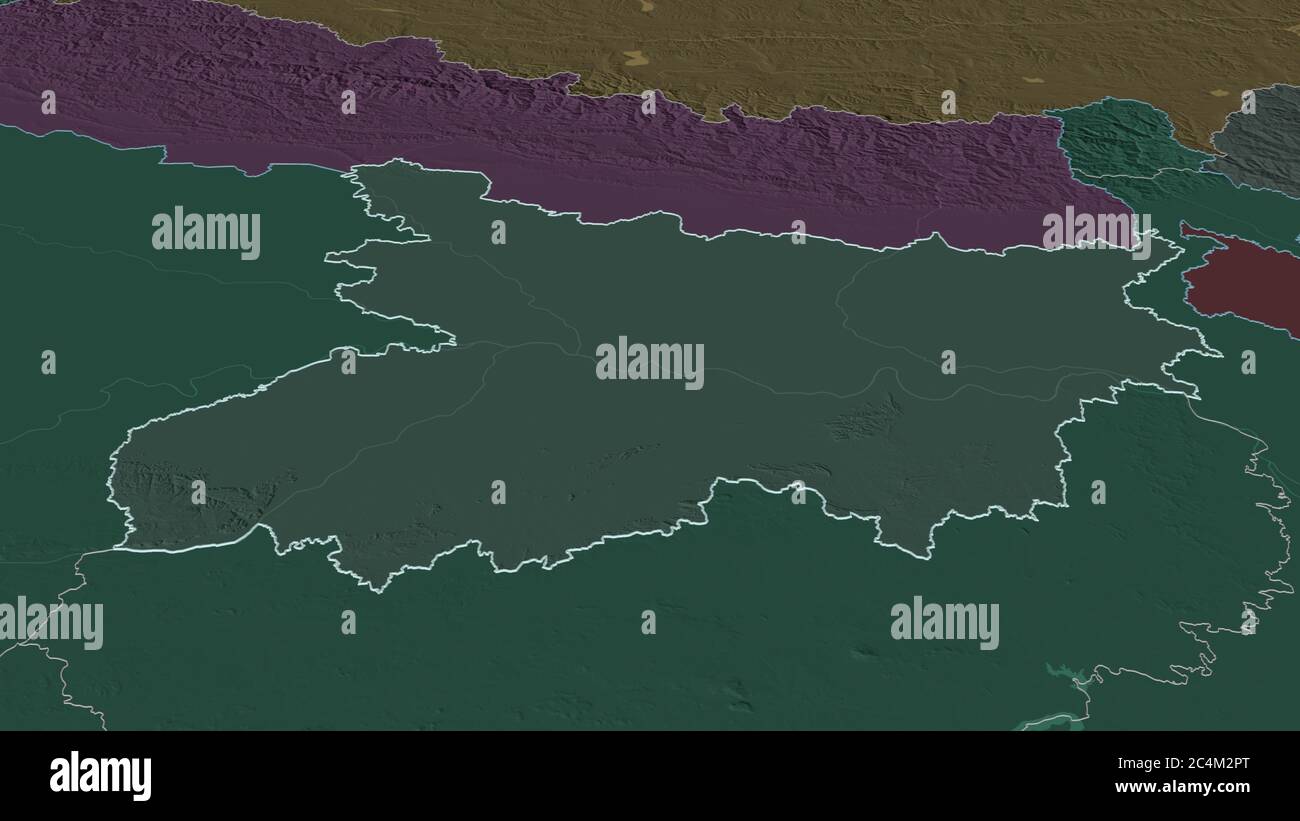 Zoom in on Bihar (state of India) outlined. Oblique perspective ...