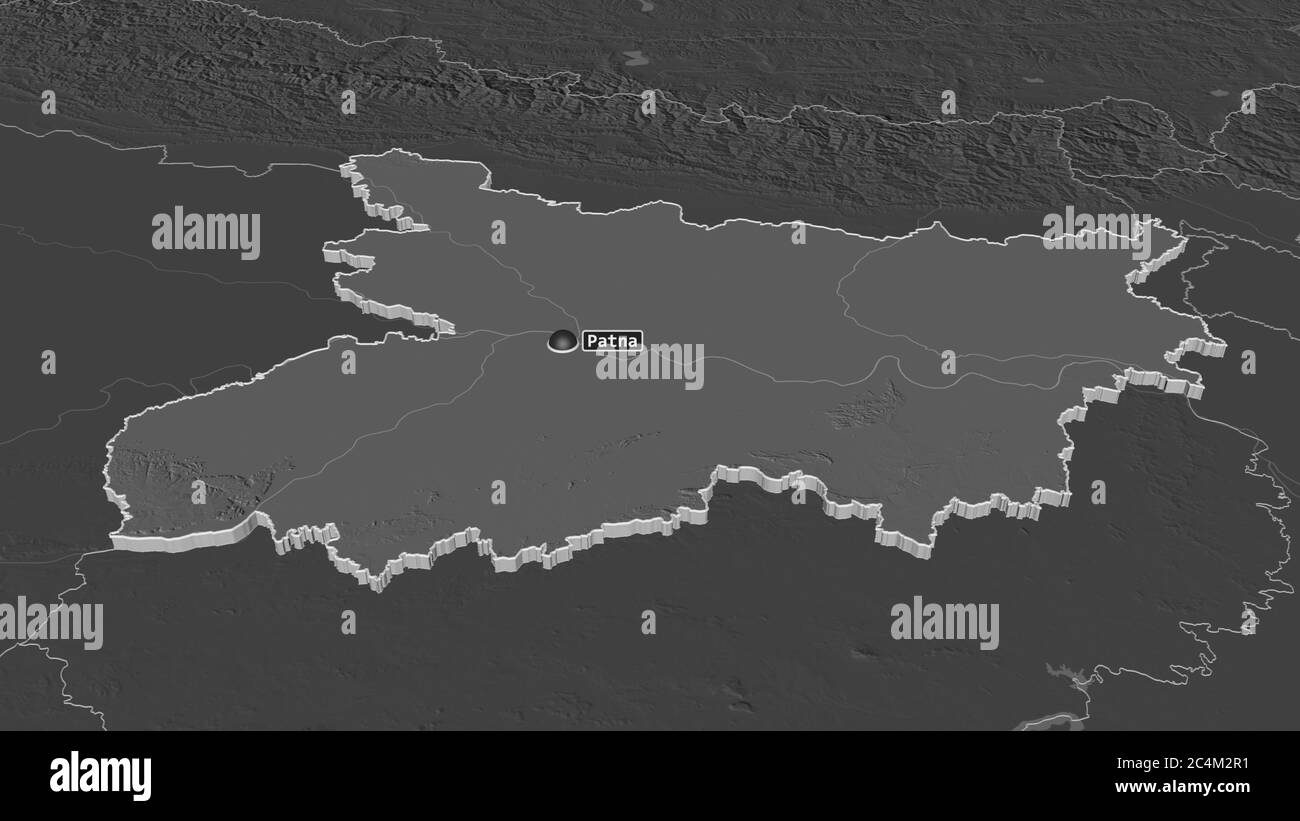 Zoom in on Bihar (state of India) extruded. Oblique perspective ...
