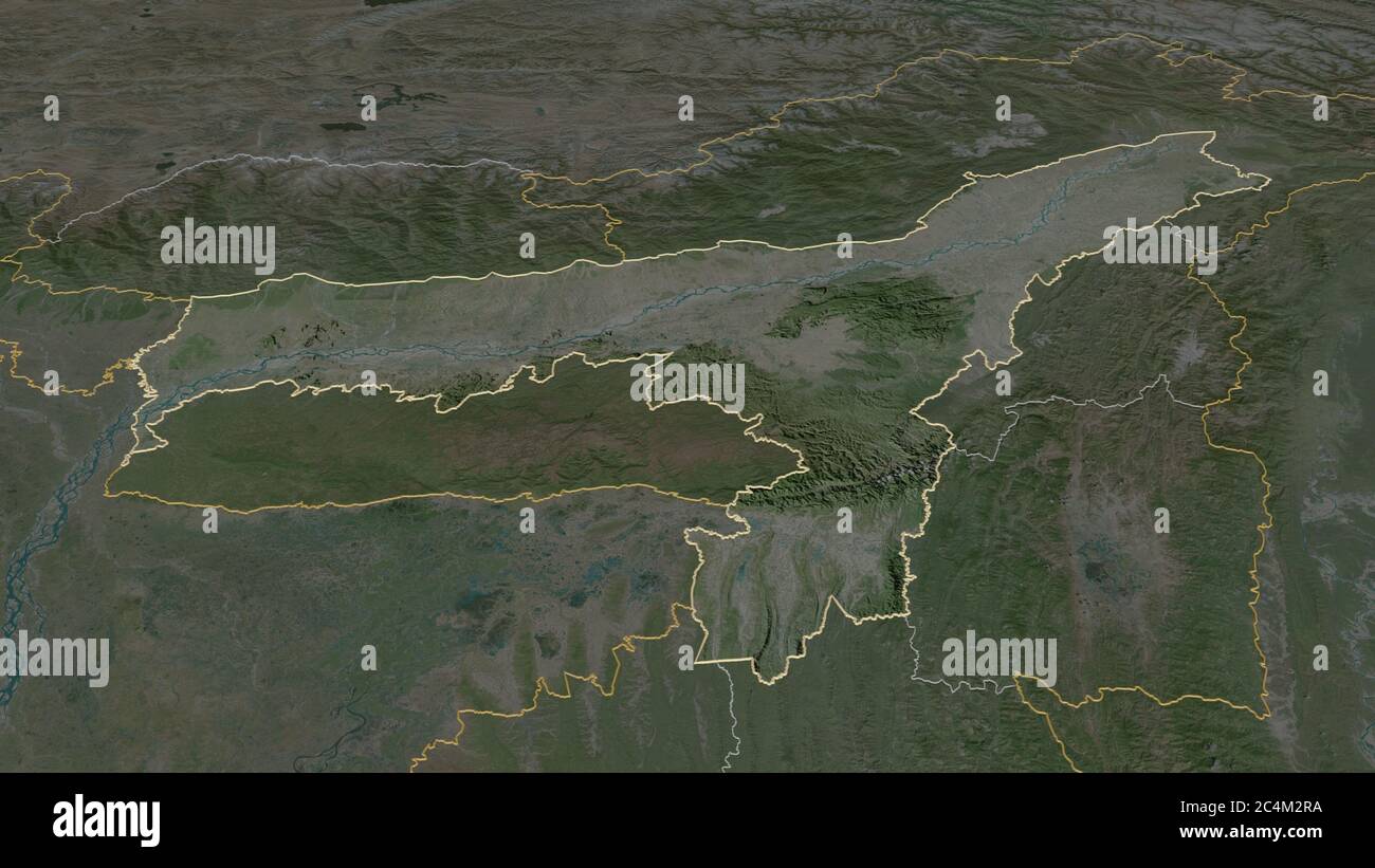 Zoom in on Assam (state of India) outlined. Oblique perspective ...