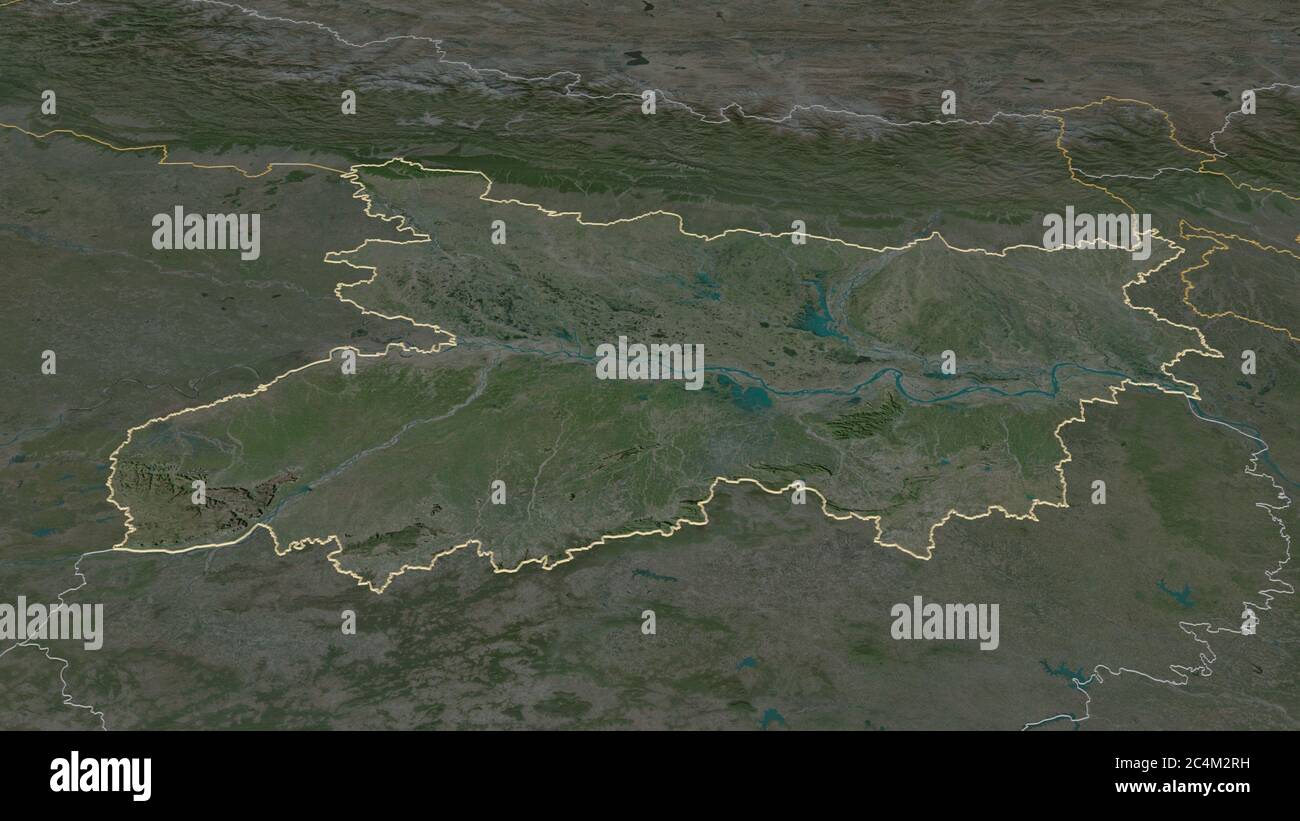 Zoom in on Bihar (state of India) outlined. Oblique perspective ...