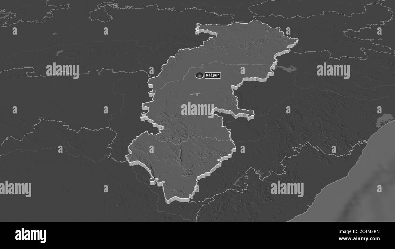 Zoom in on Chhattisgarh (state of India) extruded. Oblique perspective ...