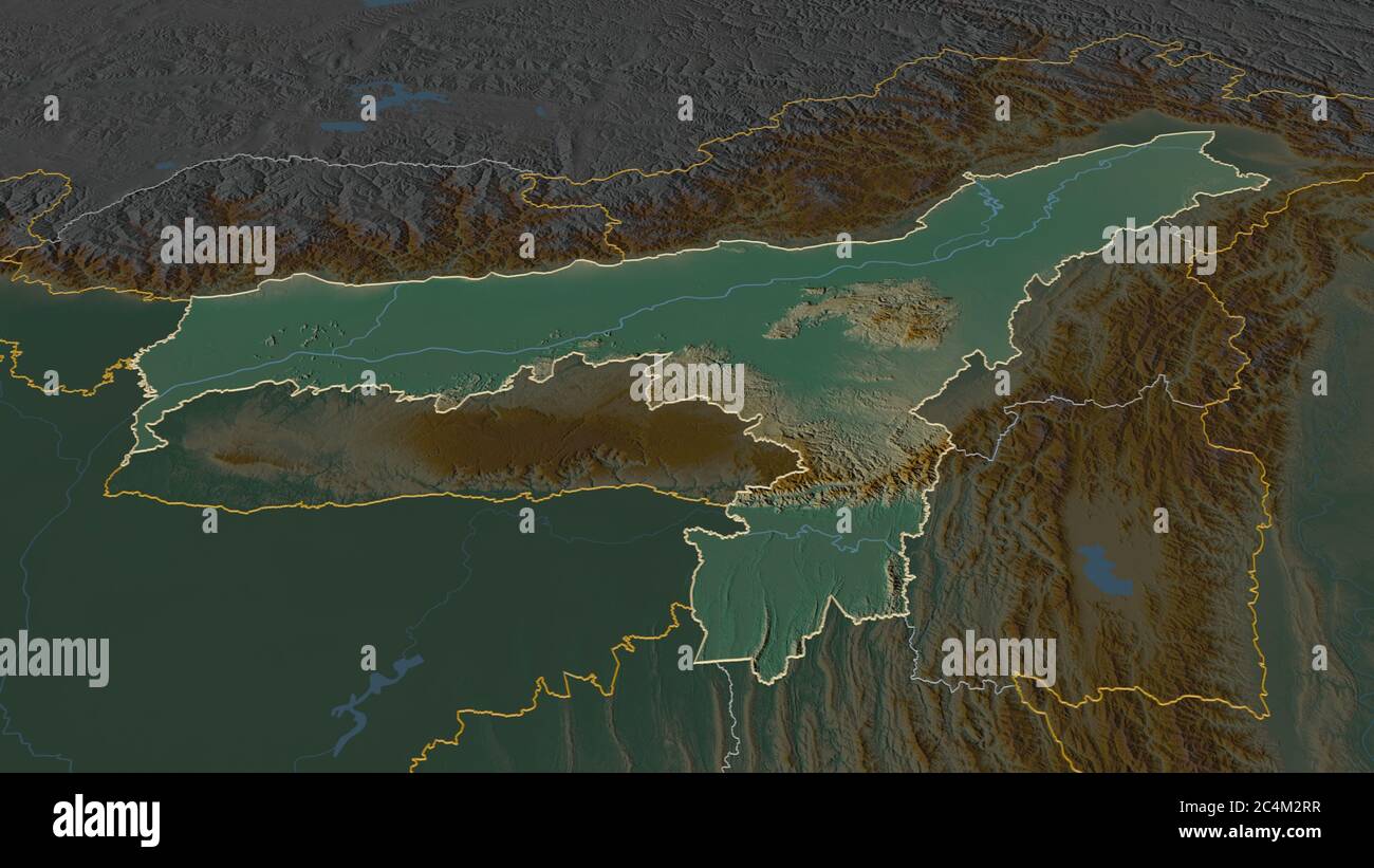 Zoom in on Assam (state of India) outlined. Oblique perspective ...