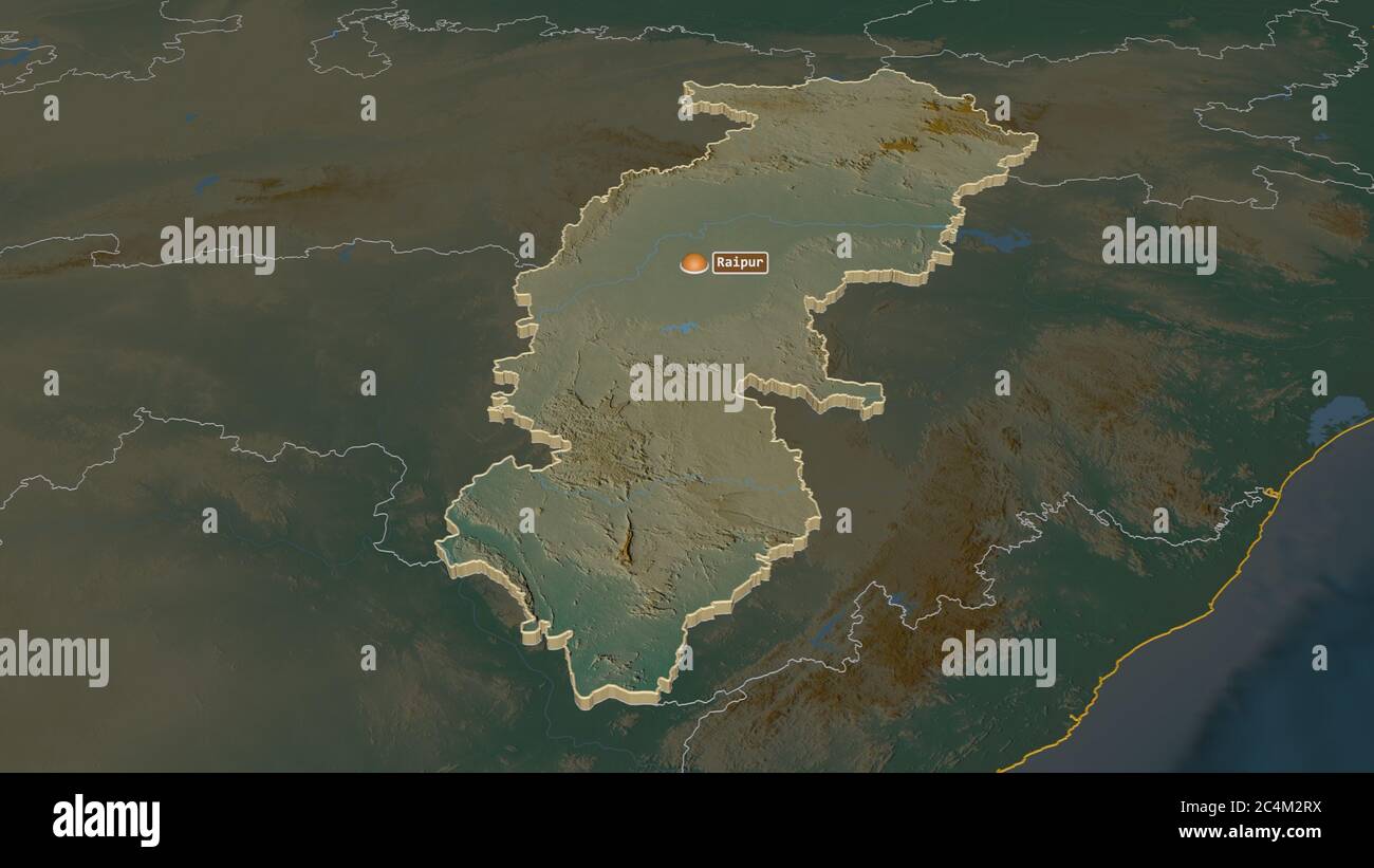 Zoom in on Chhattisgarh (state of India) extruded. Oblique perspective ...