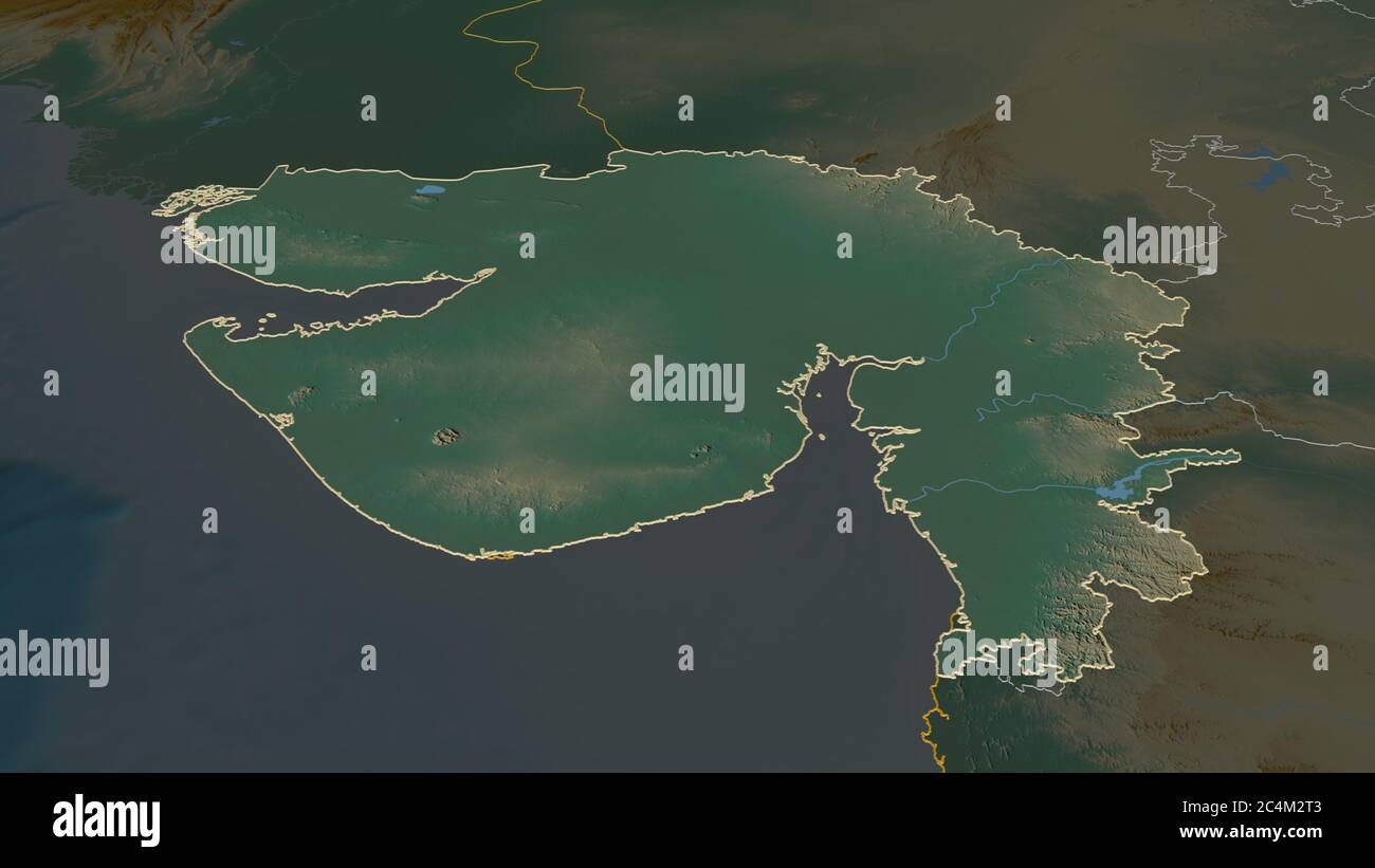 Zoom in on Gujarat (state of India) outlined. Oblique perspective ...