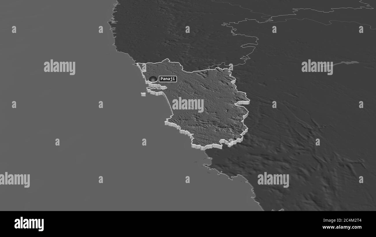 Zoom in on Goa (state of India) extruded. Oblique perspective. Bilevel ...