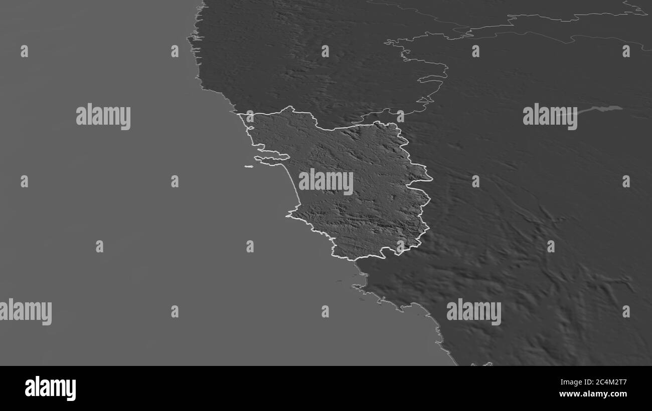 Zoom in on Goa (state of India) outlined. Oblique perspective. Bilevel ...