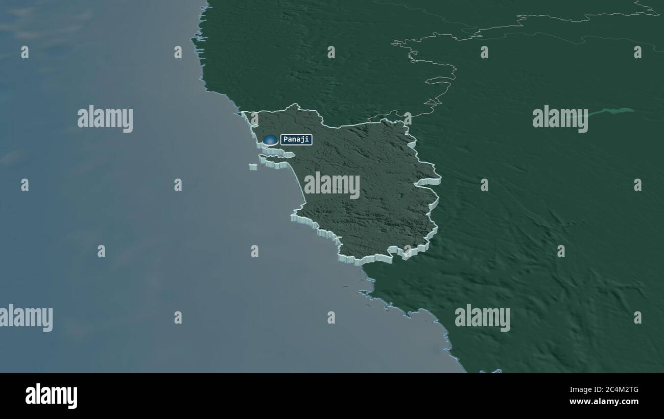 Zoom in on Goa (state of India) extruded. Oblique perspective. Colored ...