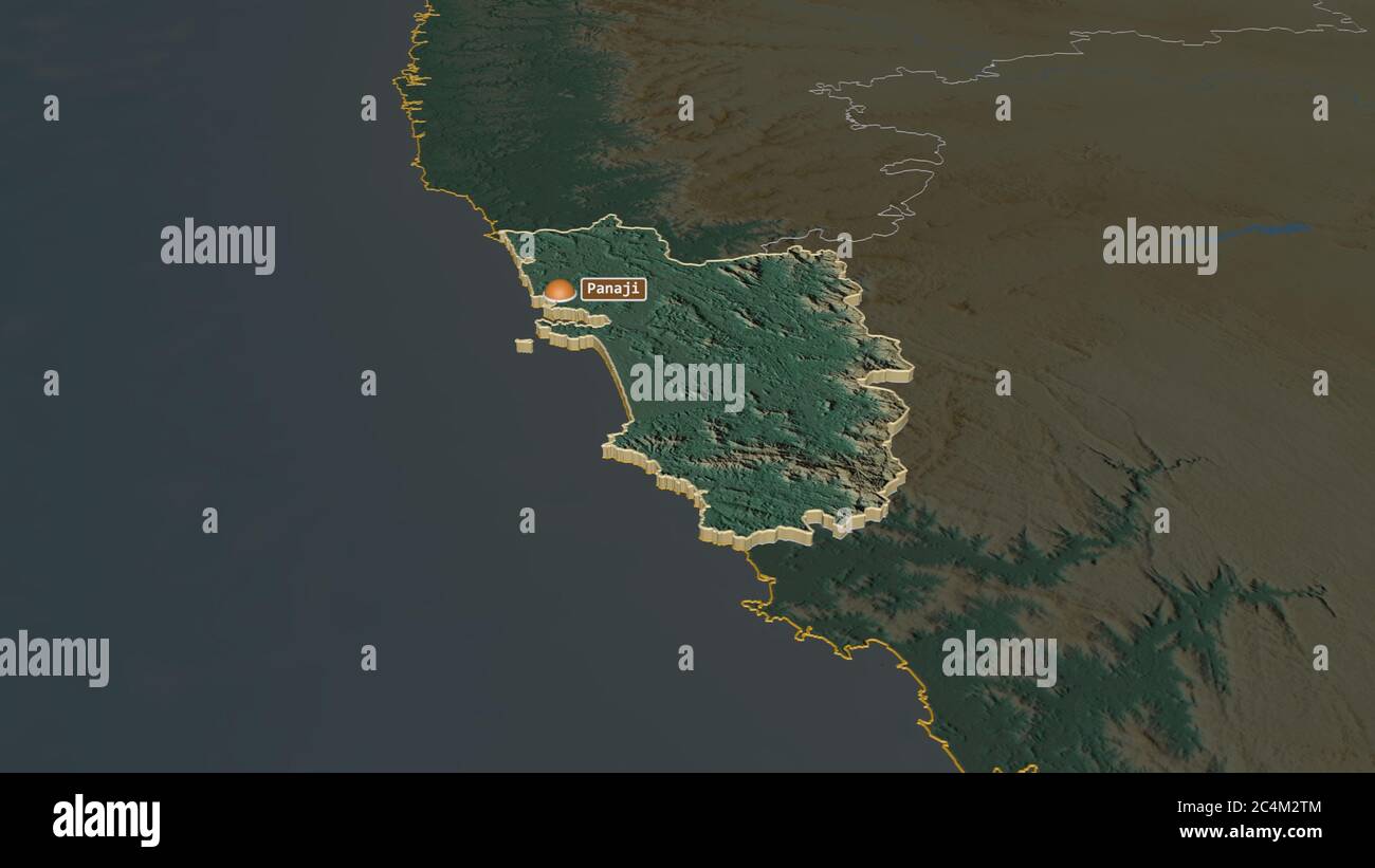 Zoom in on Goa (state of India) extruded. Oblique perspective ...