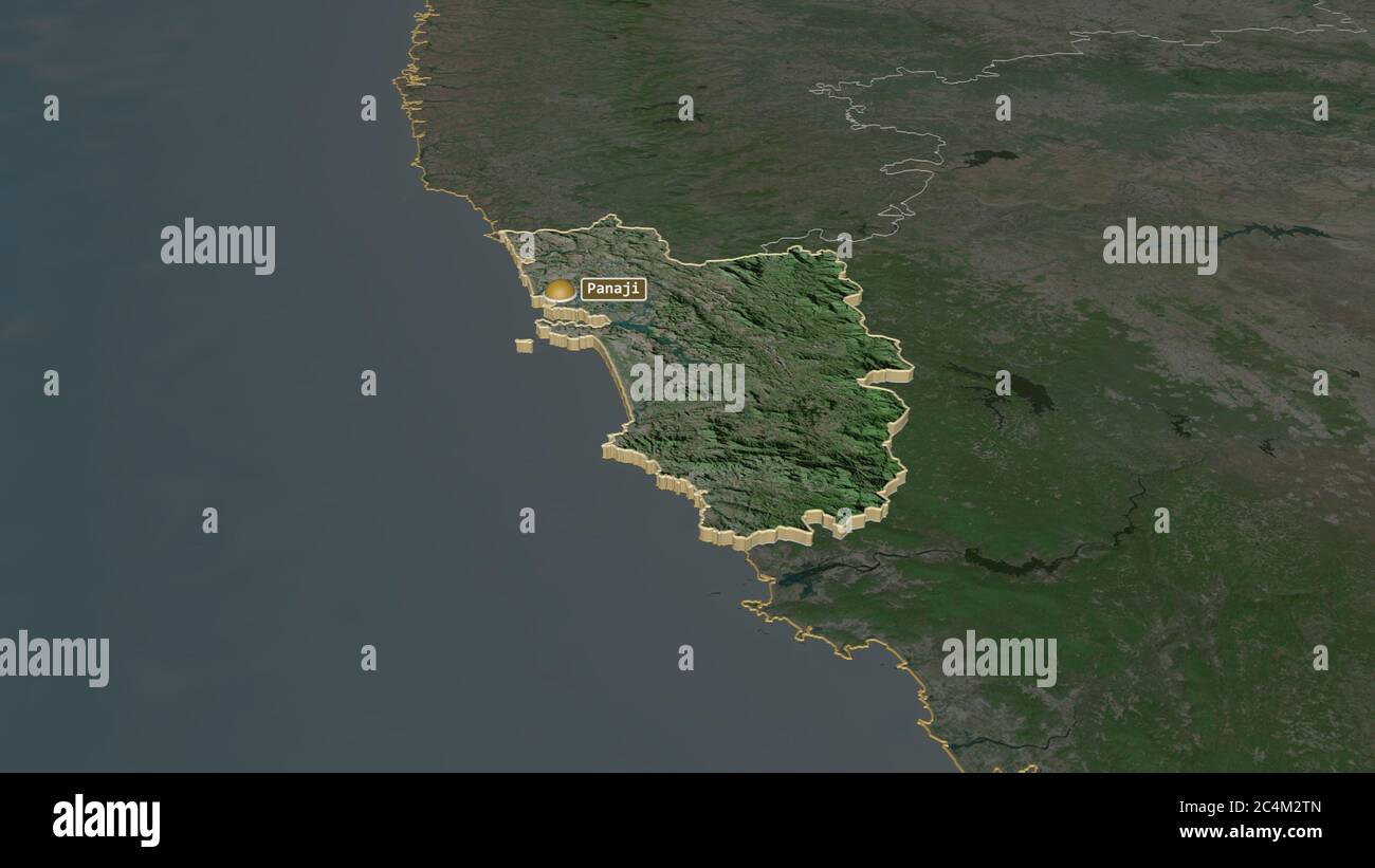 Zoom in on Goa (state of India) extruded. Oblique perspective ...