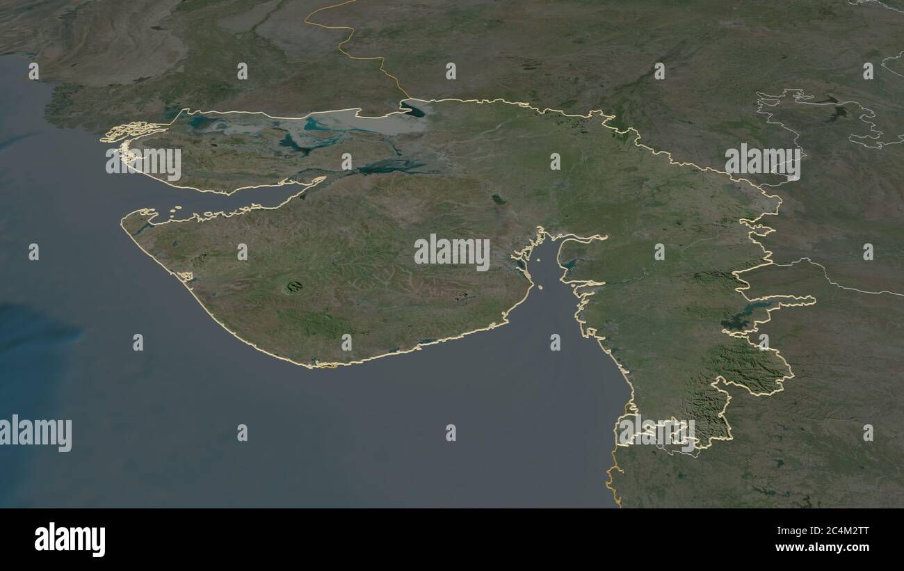 Zoom in on Gujarat (state of India) outlined. Oblique perspective ...