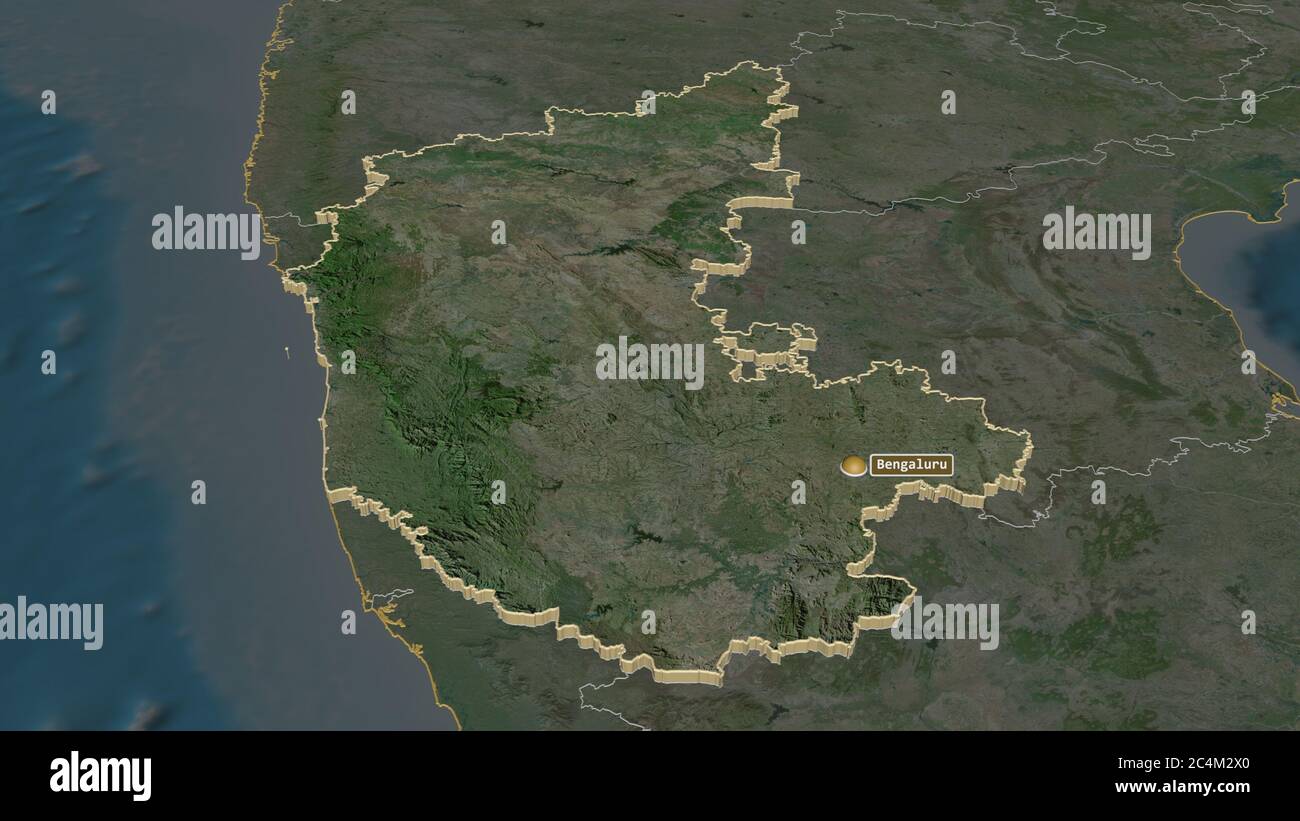 Zoom in on Karnataka (state of India) extruded. Oblique perspective ...