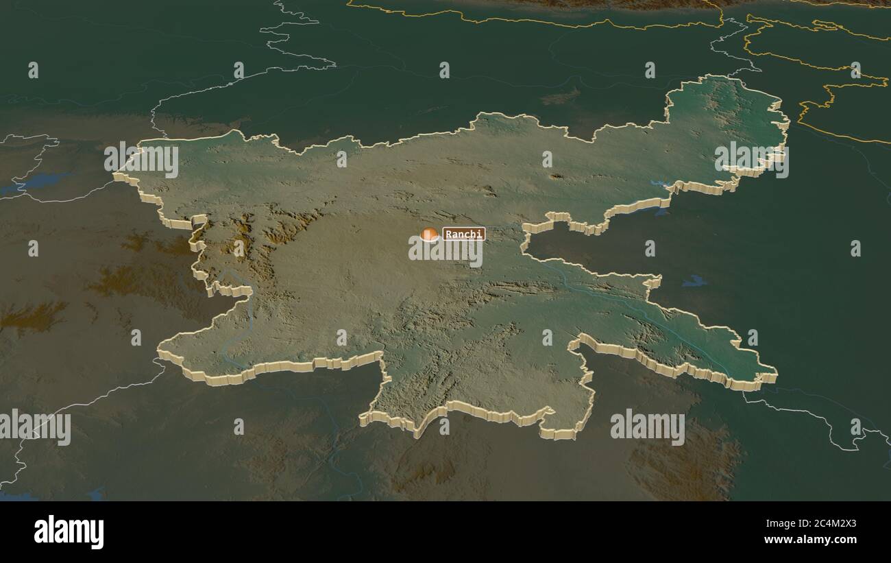 Zoom in on Jharkhand (state of India) extruded. Oblique perspective ...