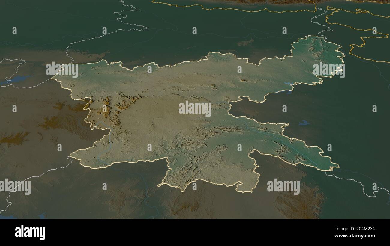 Zoom in on Jharkhand (state of India) outlined. Oblique perspective ...