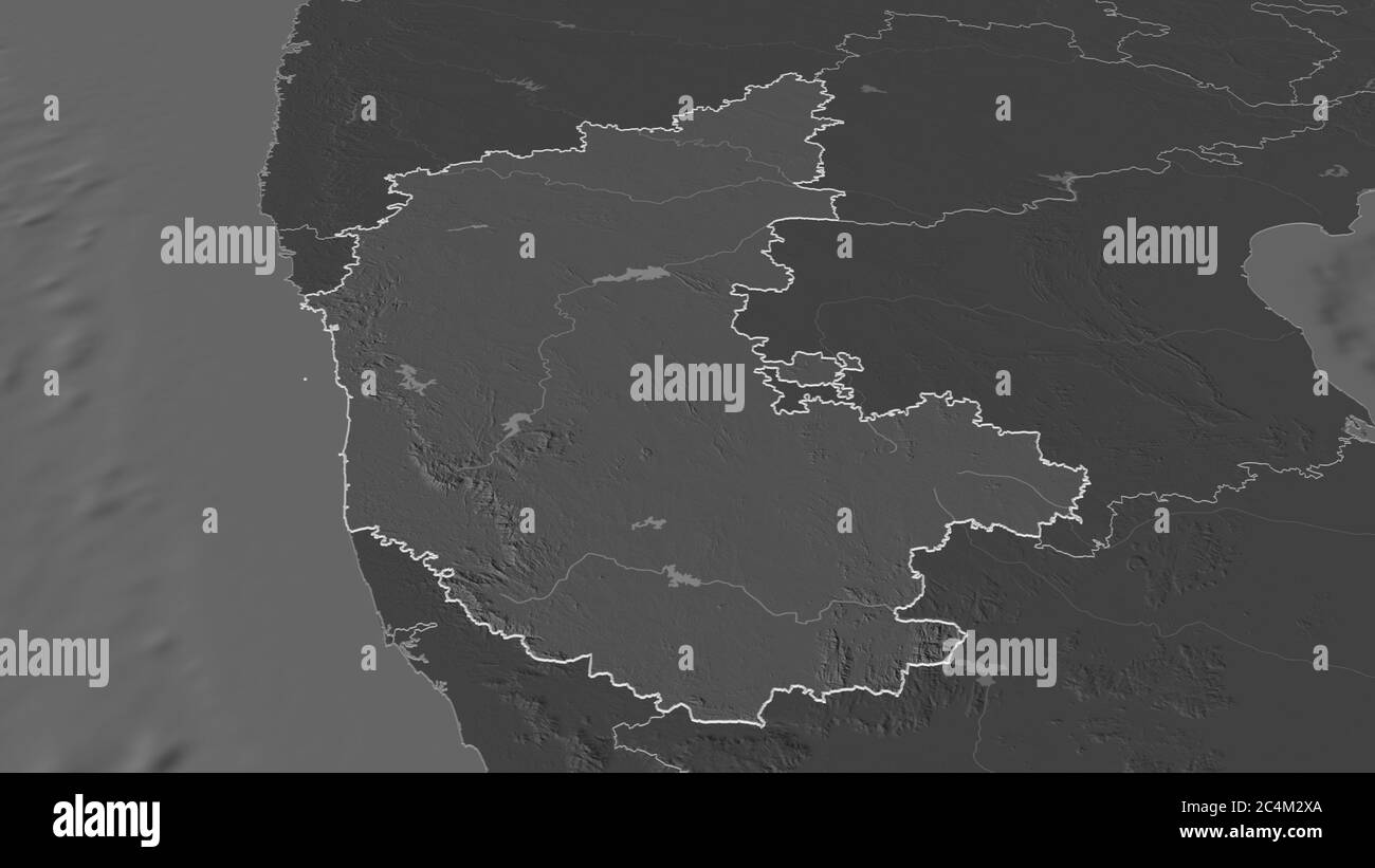 Zoom in on Karnataka (state of India) outlined. Oblique perspective ...