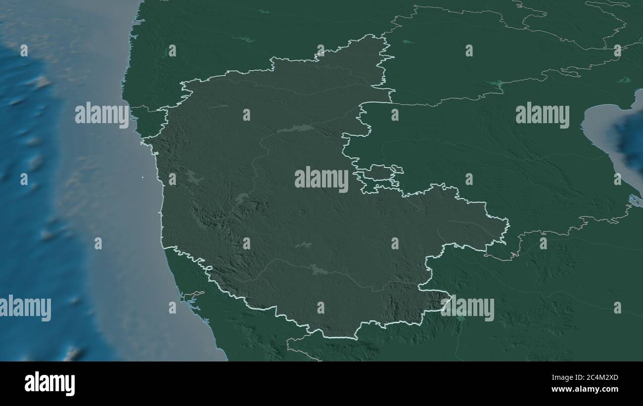 Zoom in on Karnataka (state of India) outlined. Oblique perspective ...