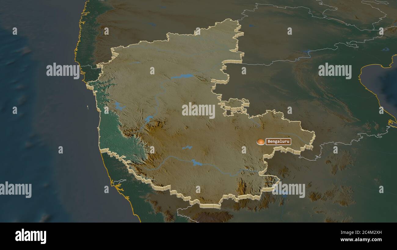 Zoom in on Karnataka (state of India) extruded. Oblique perspective ...