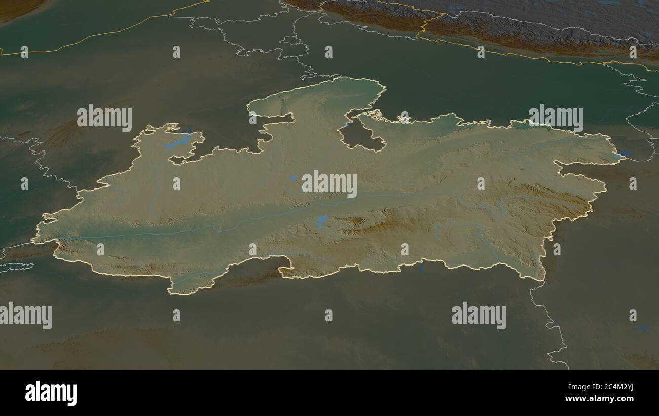 Zoom in on Madhya Pradesh (state of India) outlined. Oblique ...