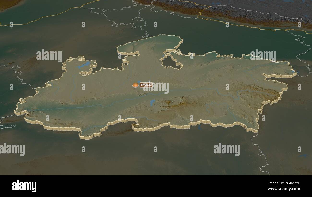 Zoom in on Madhya Pradesh (state of India) extruded. Oblique ...