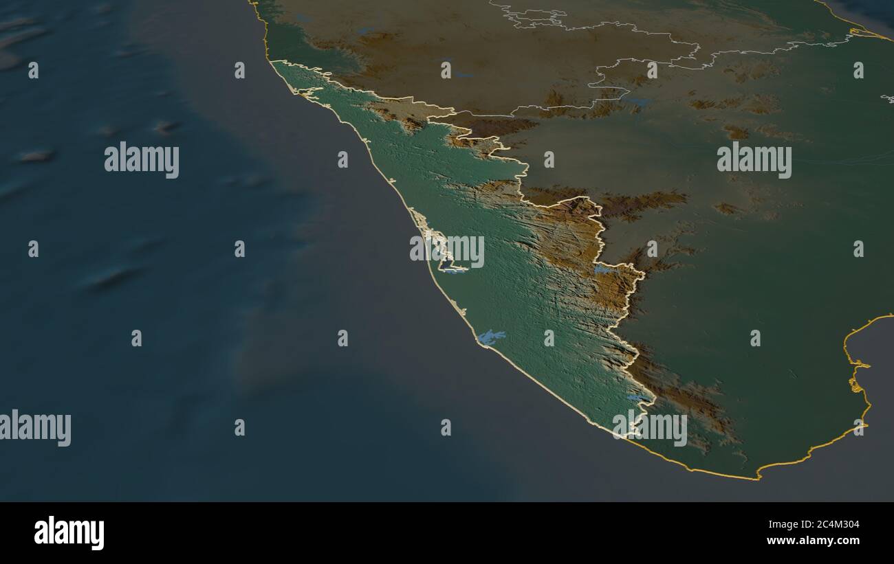 Zoom in on Kerala (state of India) outlined. Oblique perspective ...