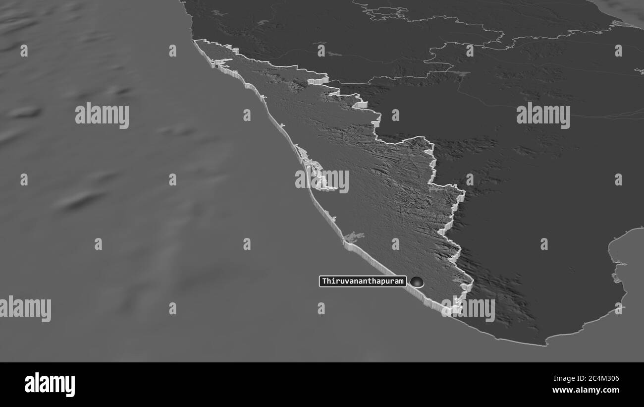 Zoom in on Kerala (state of India) extruded. Oblique perspective ...