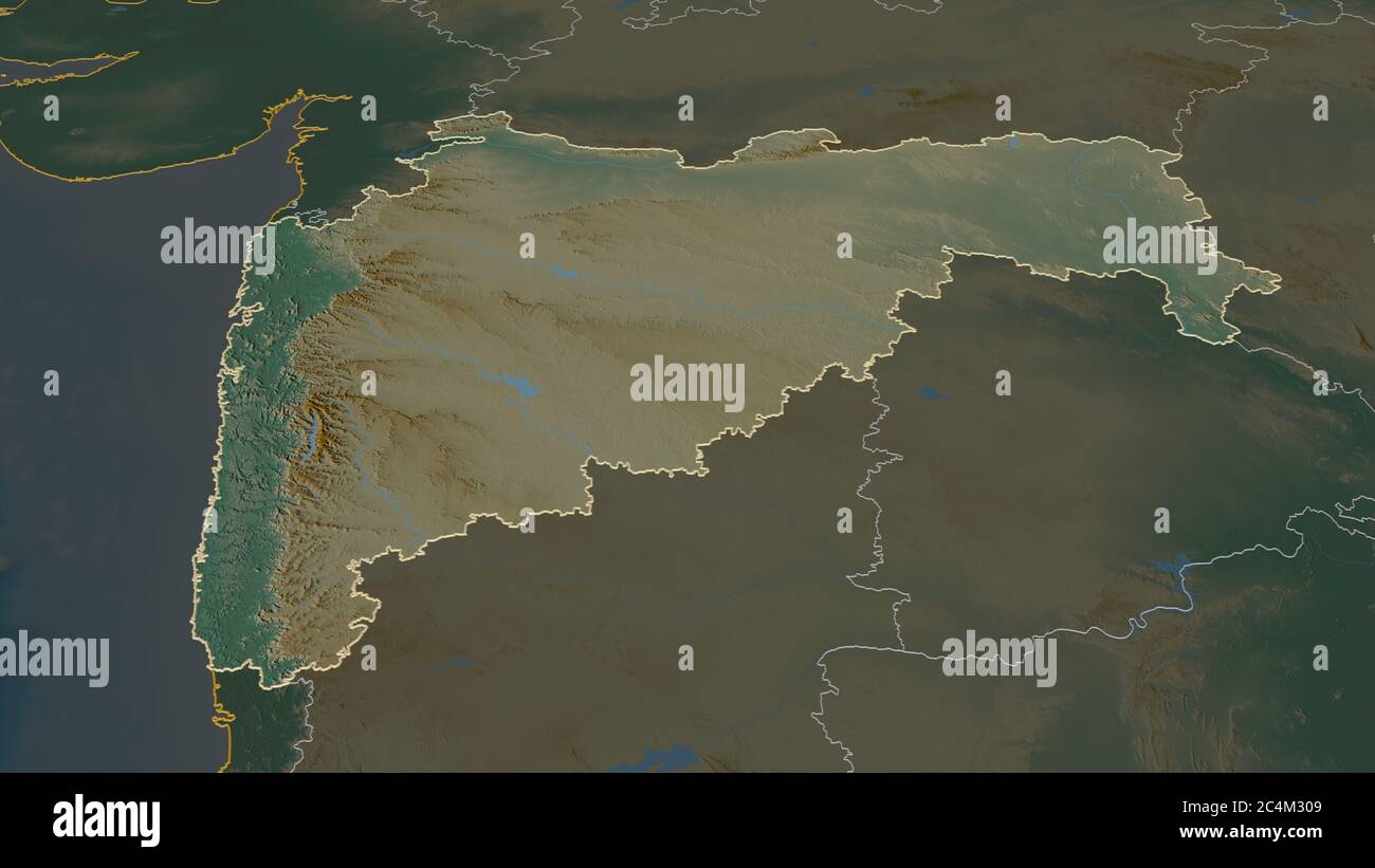 Zoom in on Maharashtra (state of India) outlined. Oblique perspective ...