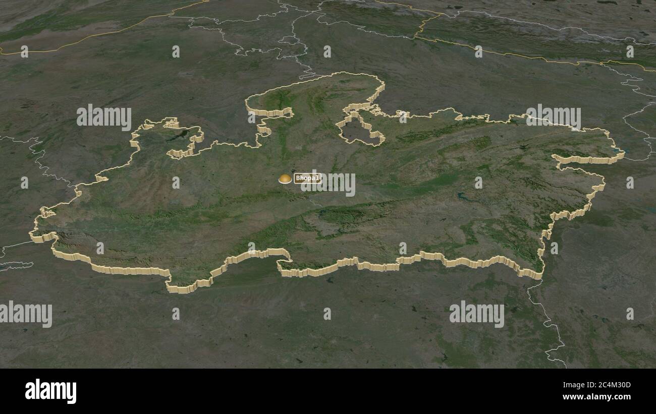 Zoom in on Madhya Pradesh (state of India) extruded. Oblique ...