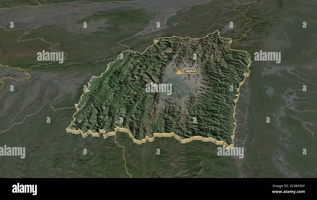 Zoom in on Manipur (state of India) extruded. Oblique perspective ...