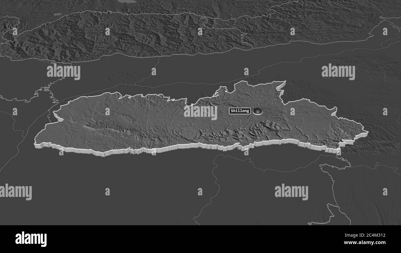 Zoom in on Meghalaya (state of India) extruded. Oblique perspective ...