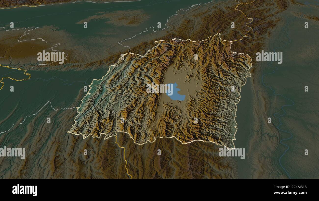 Zoom in on Manipur (state of India) outlined. Oblique perspective ...