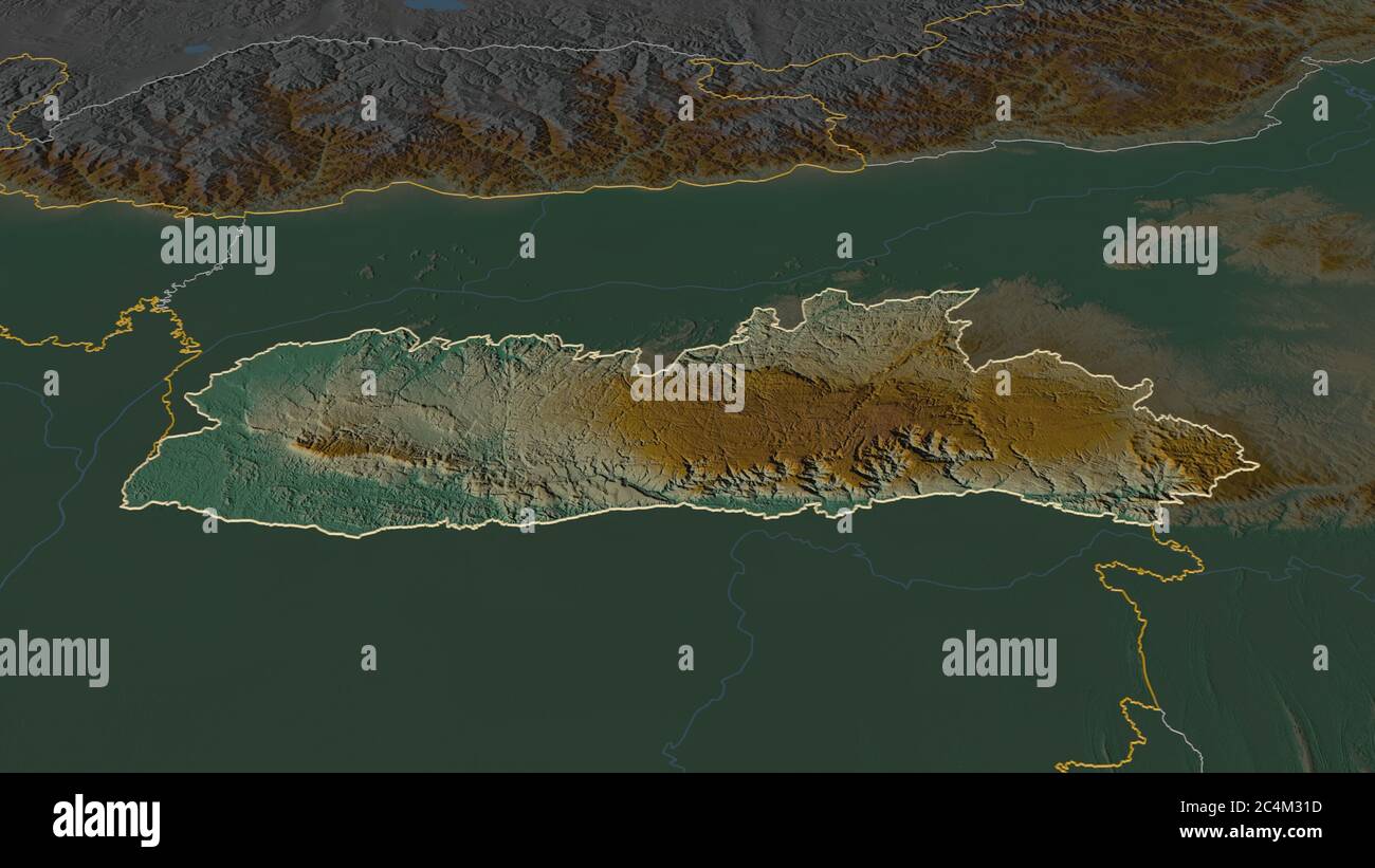 Zoom in on Meghalaya (state of India) outlined. Oblique perspective ...