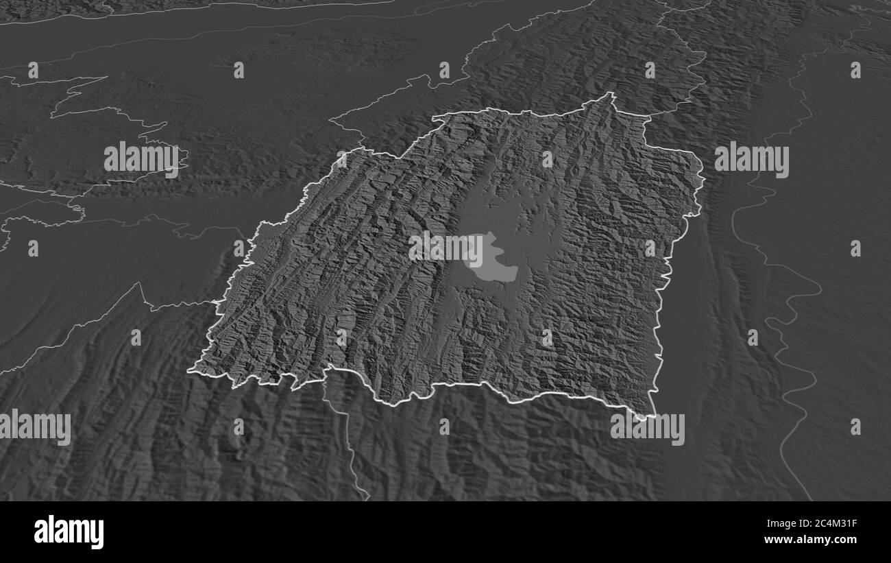Zoom in on Manipur (state of India) outlined. Oblique perspective. Bilevel elevation map with ...