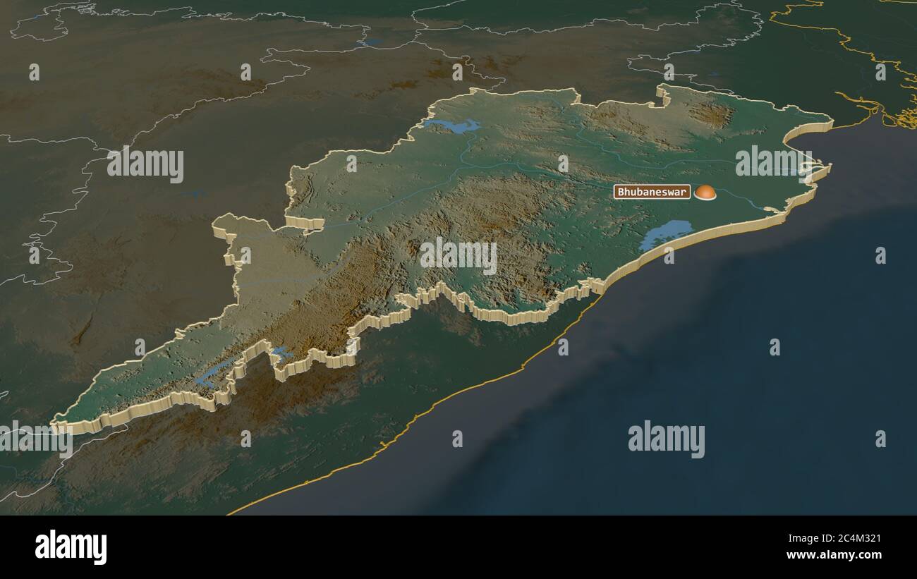 Zoom in on Odisha (state of India) extruded. Oblique perspective ...