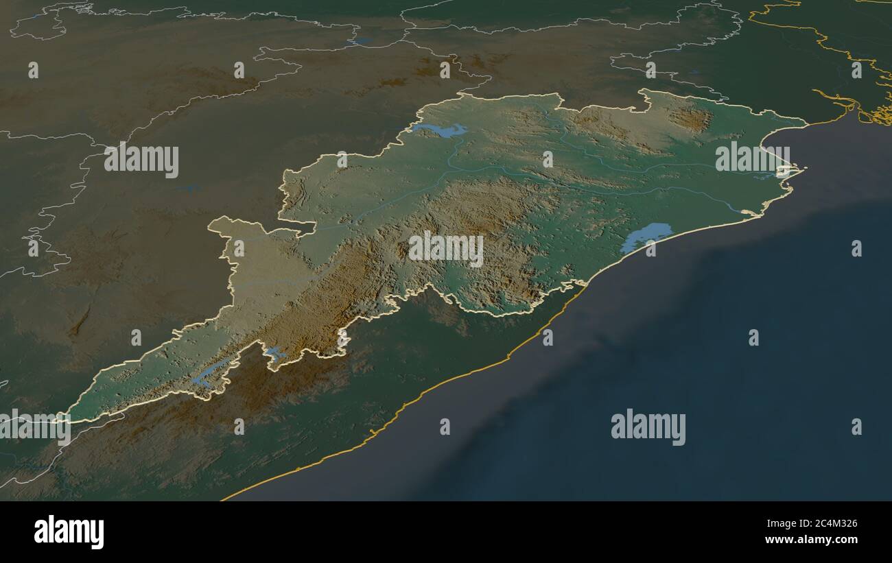 Zoom in on Odisha (state of India) outlined. Oblique perspective ...