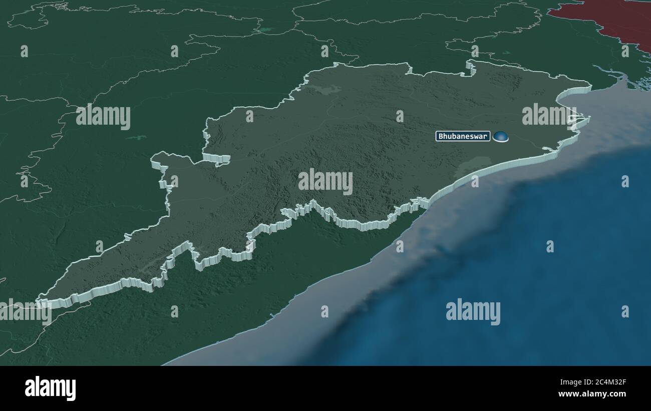 Zoom in on Odisha (state of India) extruded. Oblique perspective ...