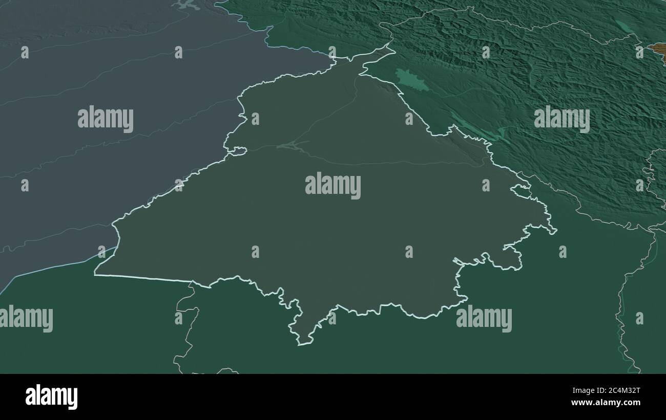 Zoom in on Punjab (state of India) outlined. Oblique perspective ...