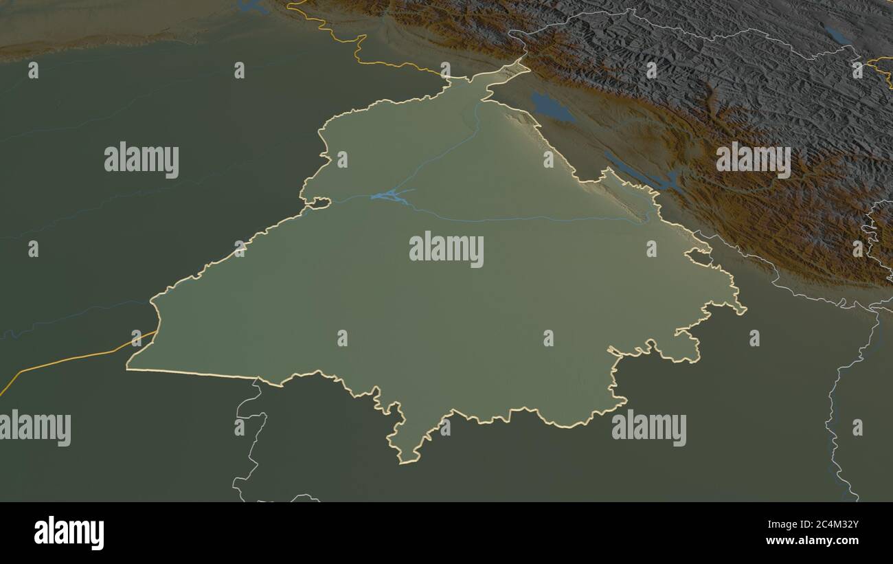 Zoom in on Punjab (state of India) outlined. Oblique perspective ...