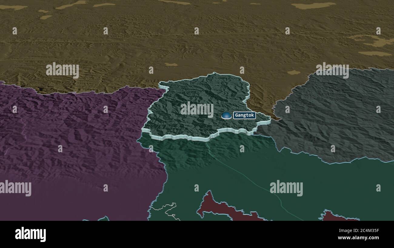 Zoom in on Sikkim (state of India) extruded. Oblique perspective ...